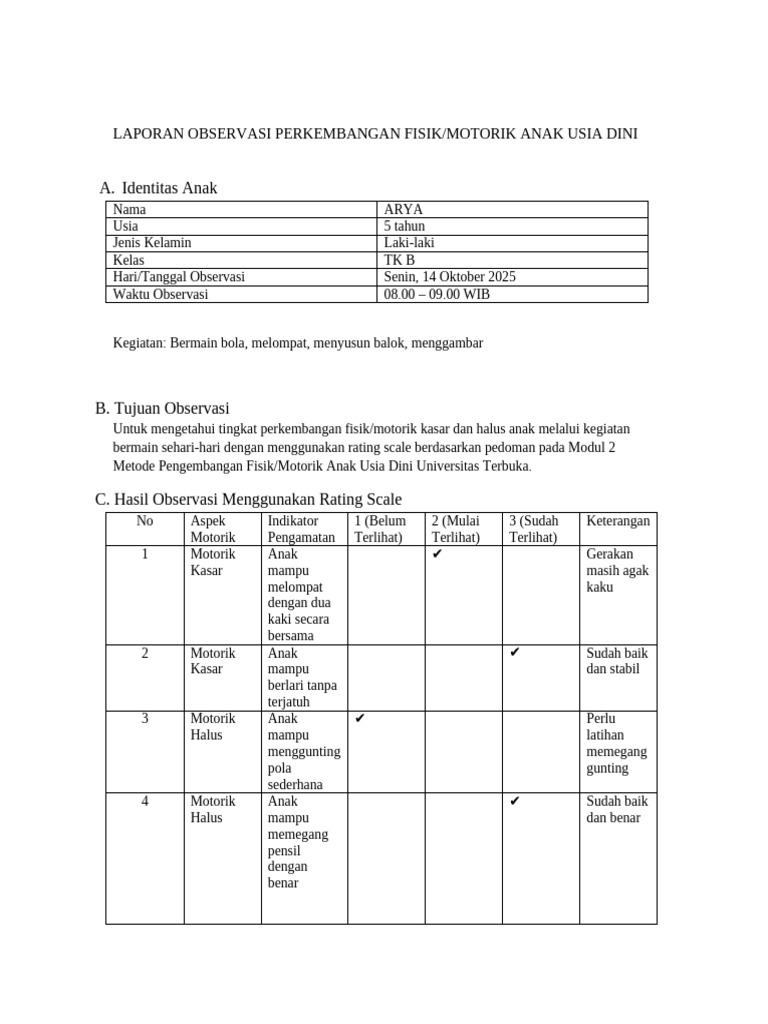 Observasi Perkembangan Motorik Anak 5 Tahun | PDF