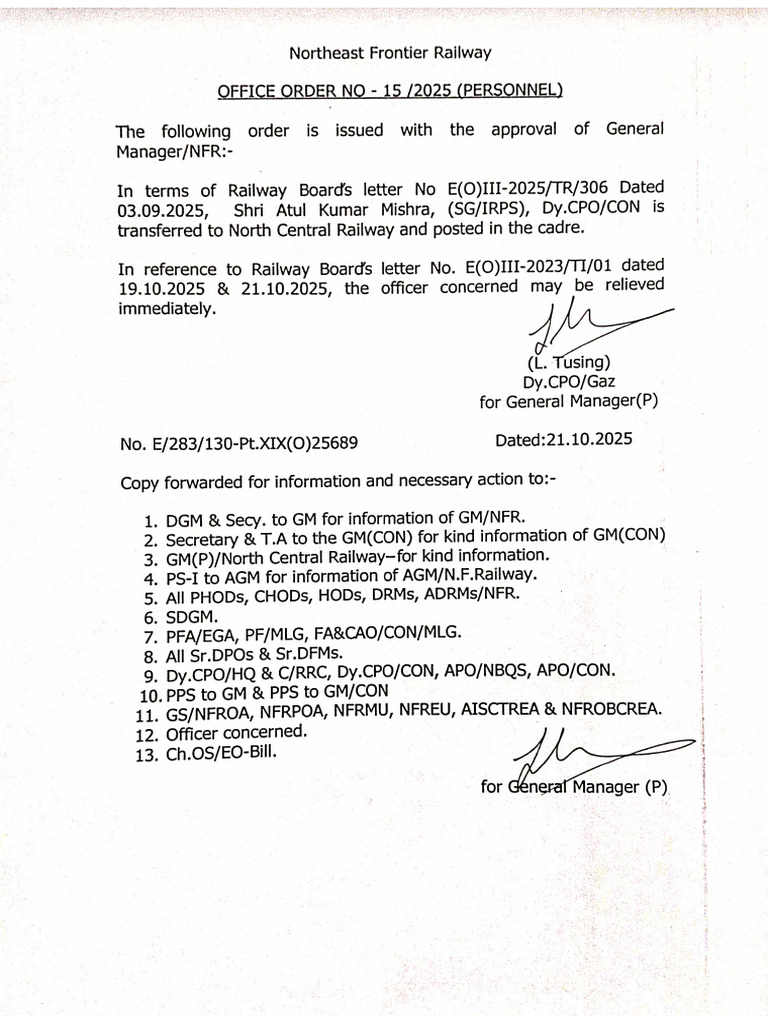 Office Order No 15-2025 (Personnel) | PDF