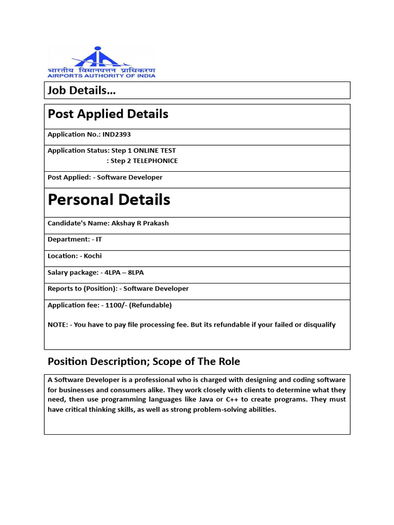 Job Description, Software Developer | PDF