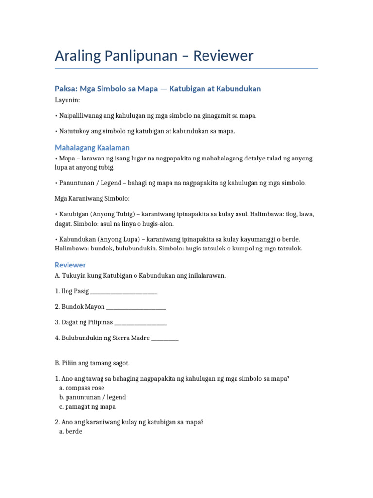 Reviewer Simbolo Sa Mapa Katubigan Kabundukan | PDF