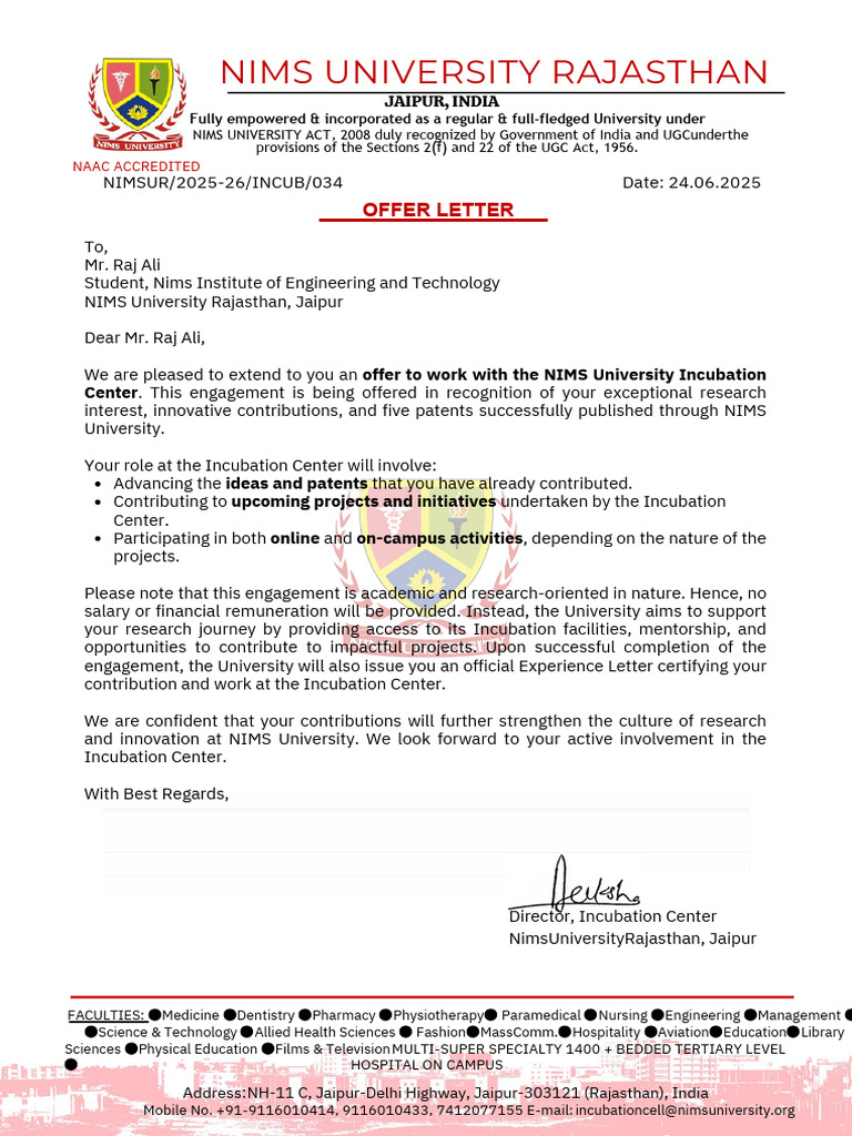 NIMS University Incubation Offer Letter | PDF | Health Care