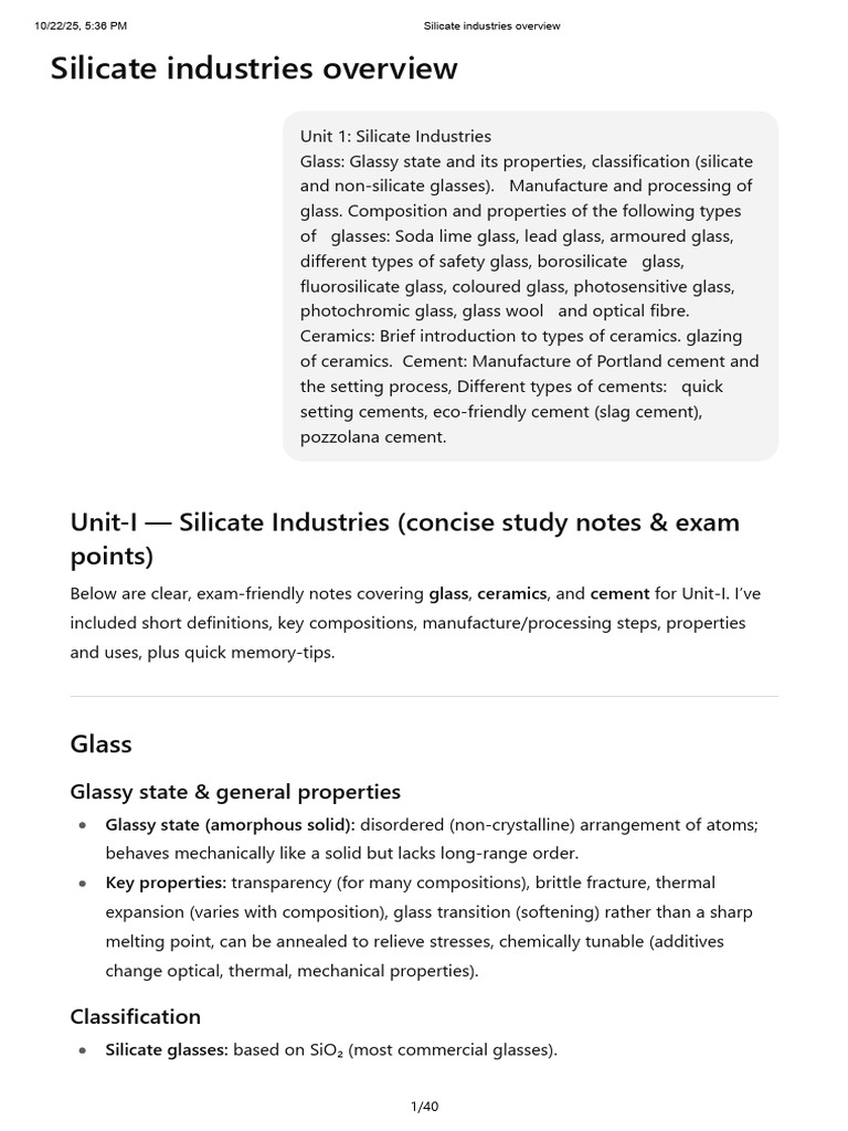 Silicate Industries: Glass, Ceramics, Cement | PDF | Glasses | Cement