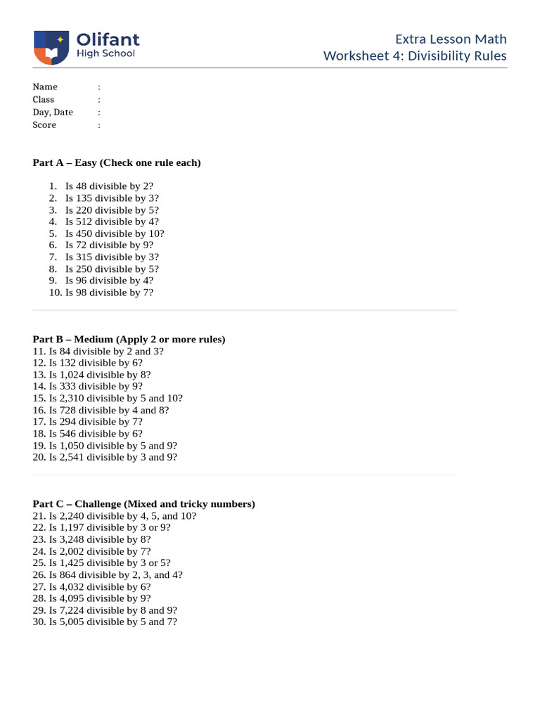 Worksheet Extra Lesson Divisibility Rules | PDF