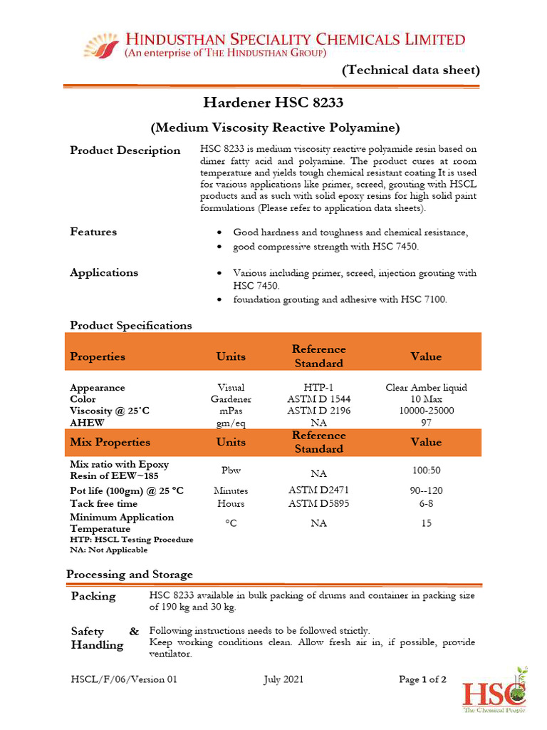 HSC 8233 Medium Viscosity Hardener | PDF | Epoxy | Materials