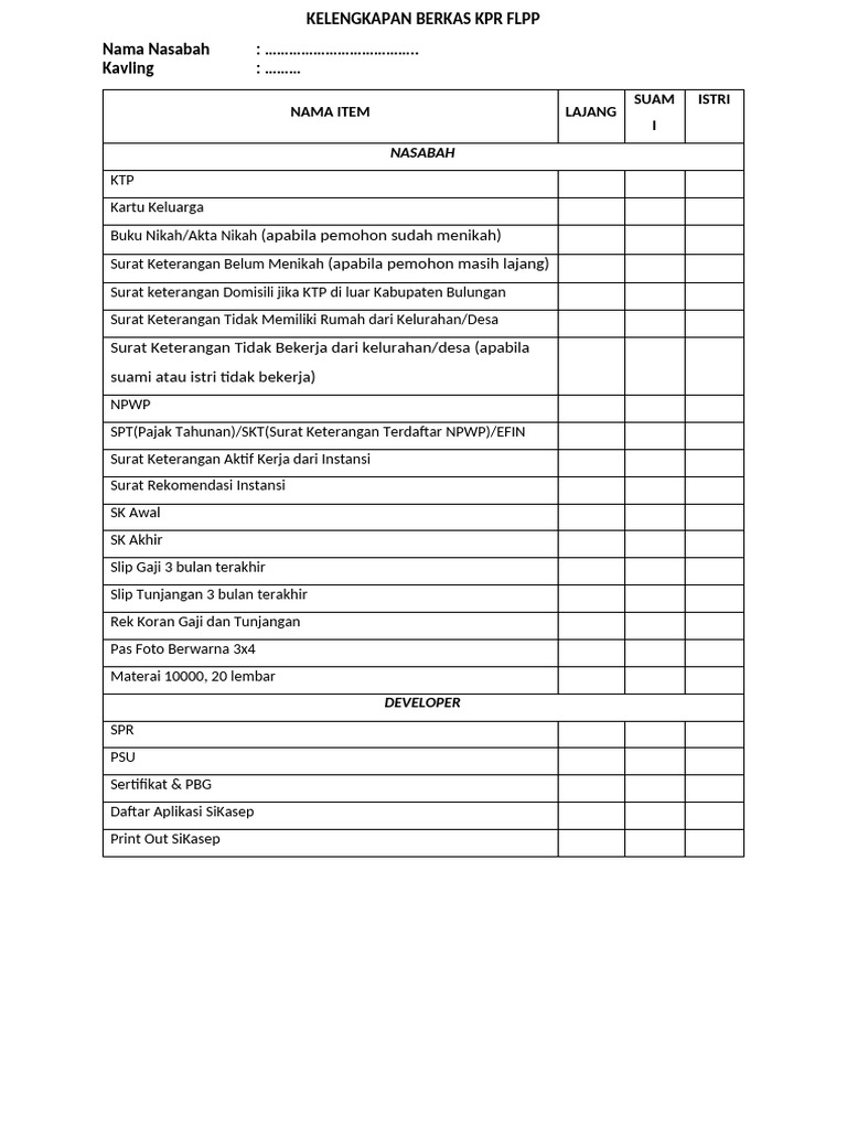Persyaratan Berkas KPR FLPP BNI | PDF