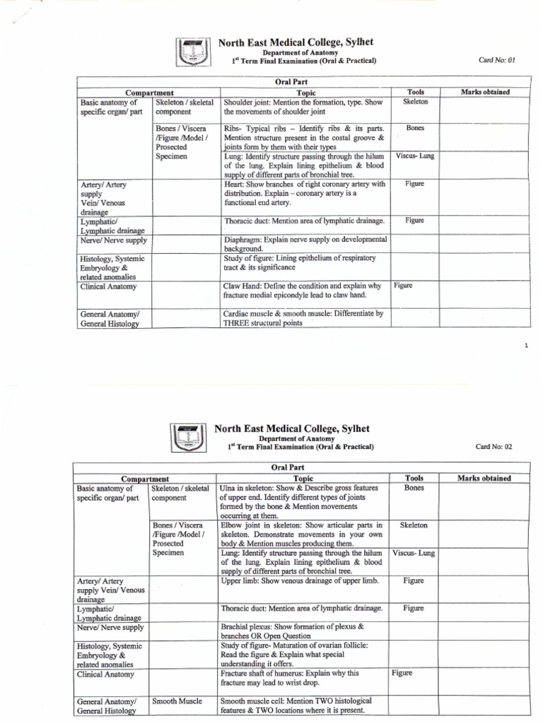 Viva Card 1st Term Anatomy | PDF