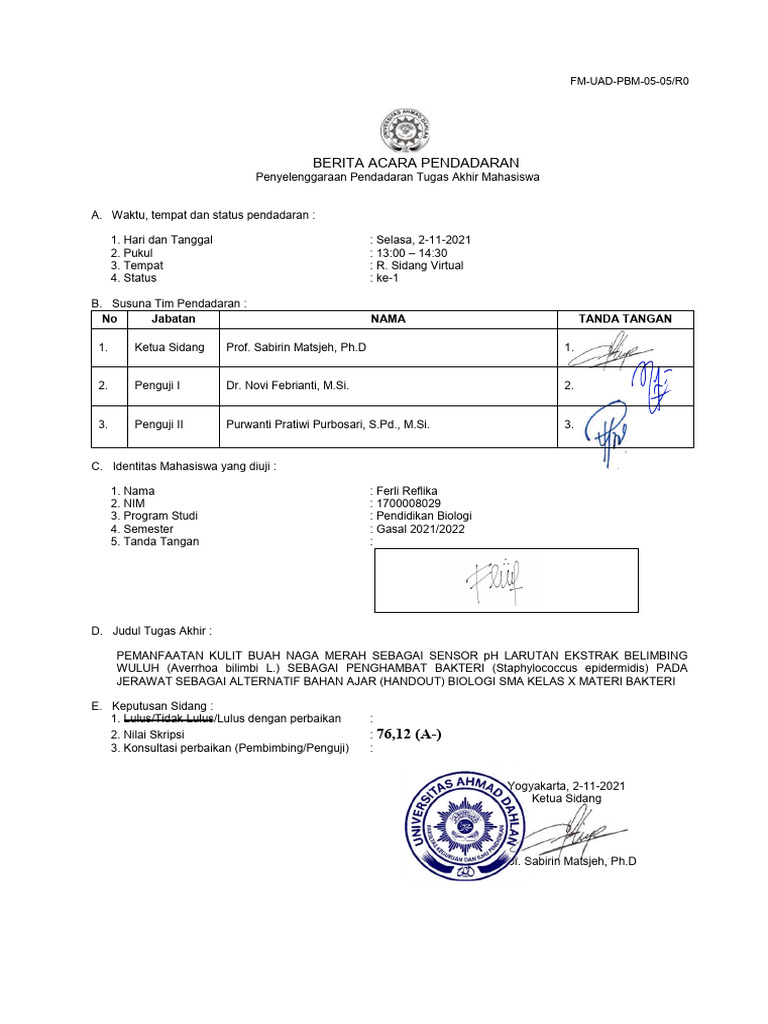 Pendadaran Tugas Akhir Ferli Reflika | PDF