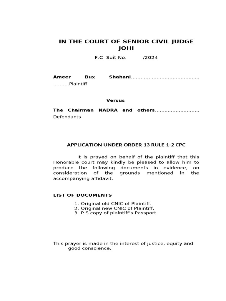 Ameer Bux Shahani Nadra List of Documents 13 Rule 1-2 CPC - 022142 | PDF