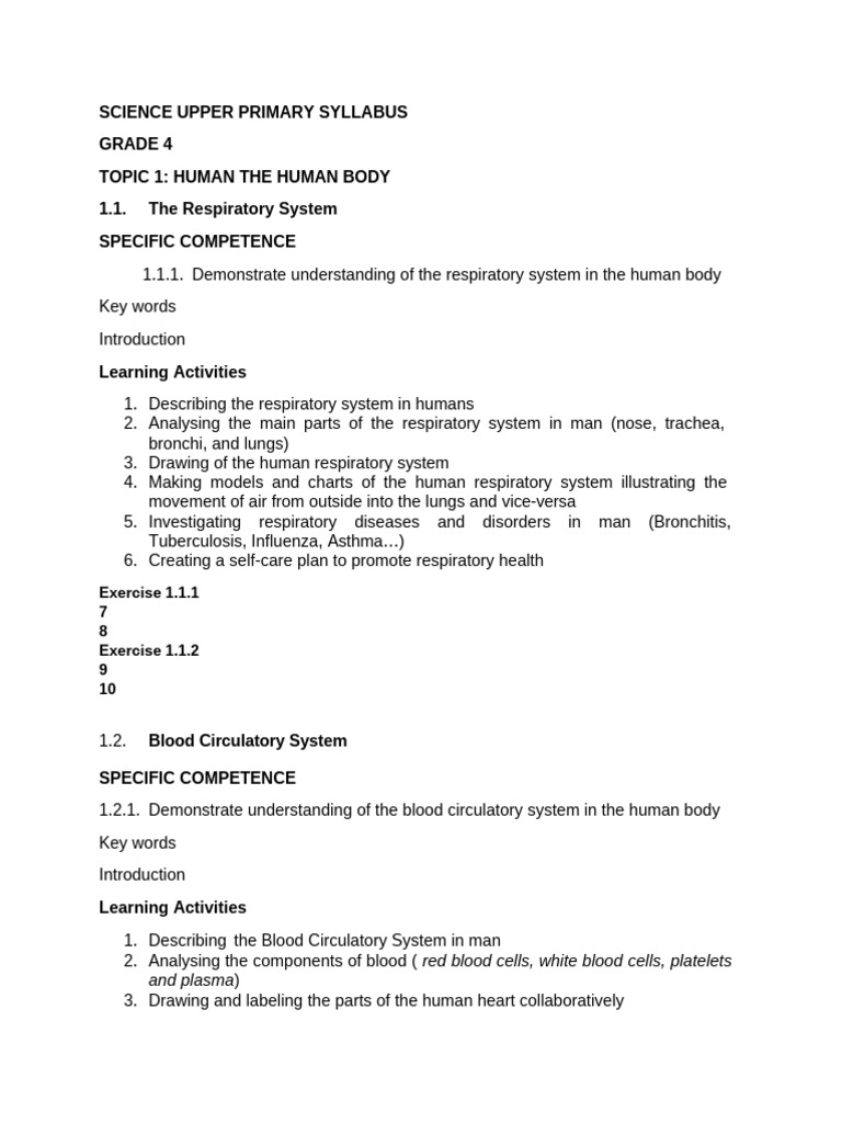 Grade 4 Human Body Science Syllabus | PDF | Foods | Respiratory System