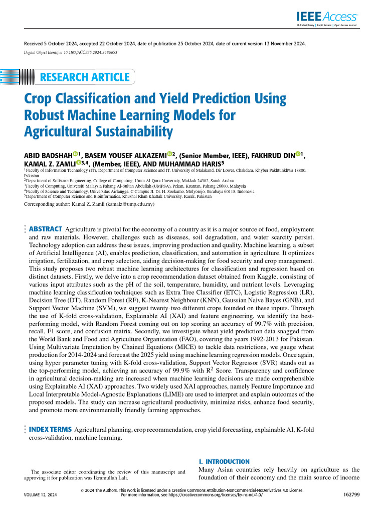 Crop Classification and Yield Prediction Using Robust Machine Learning Models For Agricultural ...