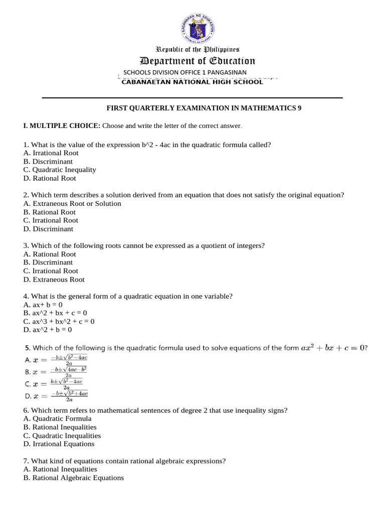 First Periodical Exam - Mathematics 9 | PDF | Quadratic Equation ...