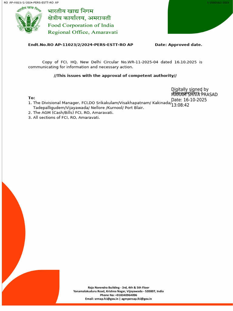 FCI Circular WR-11-2025-04 Action Notice | PDF