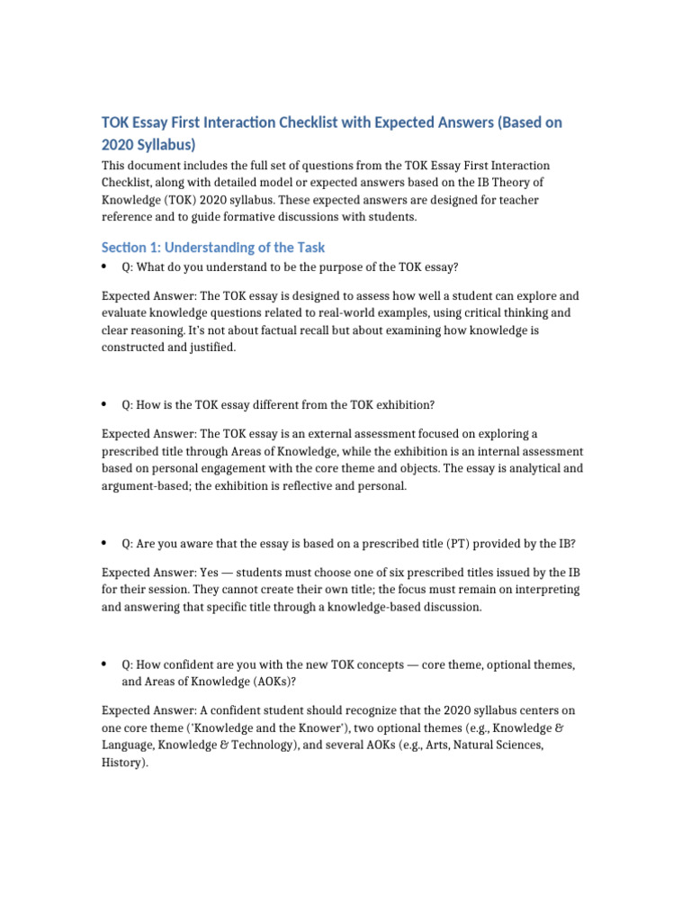 TOK Essay First Interaction Checklist With Answers 2020 | PDF ...