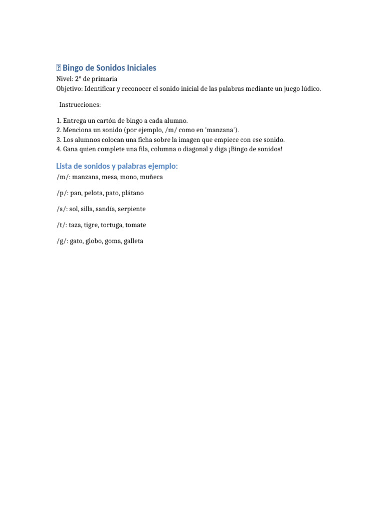 Bingo de Sonidos Iniciales para Niños | PDF