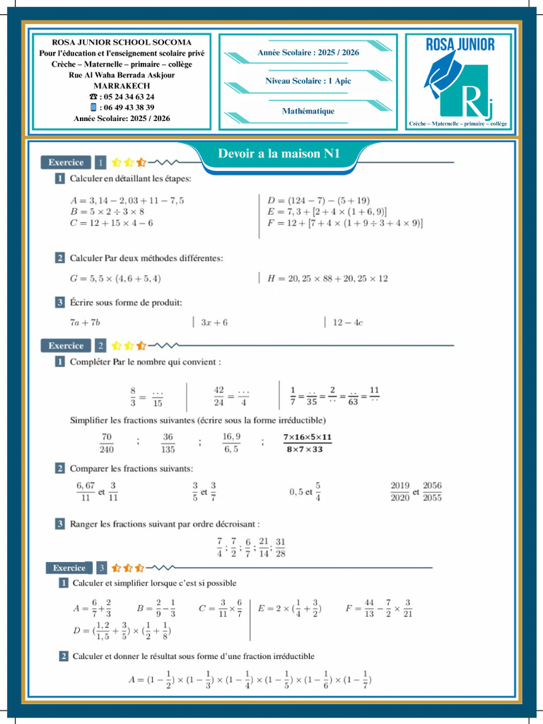 Devoir A La Maison N1 Mathématique Pdf