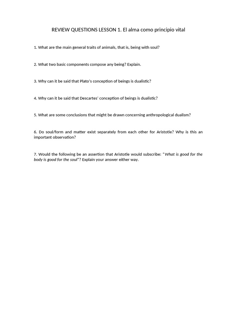Review Questions Lesson 1. The Classic Idea of Soul | PDF