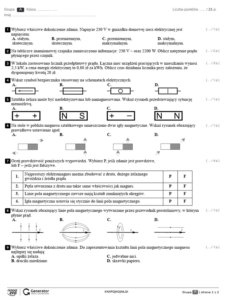 Test 3. Elektryczność I Magnetyzm Test (Z Widoczną Punktacją) | PDF