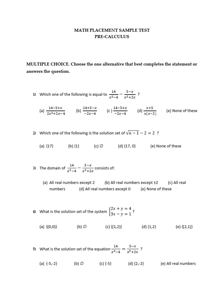Pre-Calculus Math Placement Test | PDF | Mathematical Objects ...