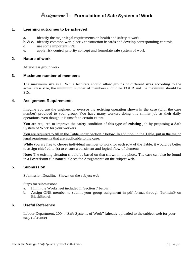 Safe Work System Assignment Guide | PDF | Occupational Safety And ...