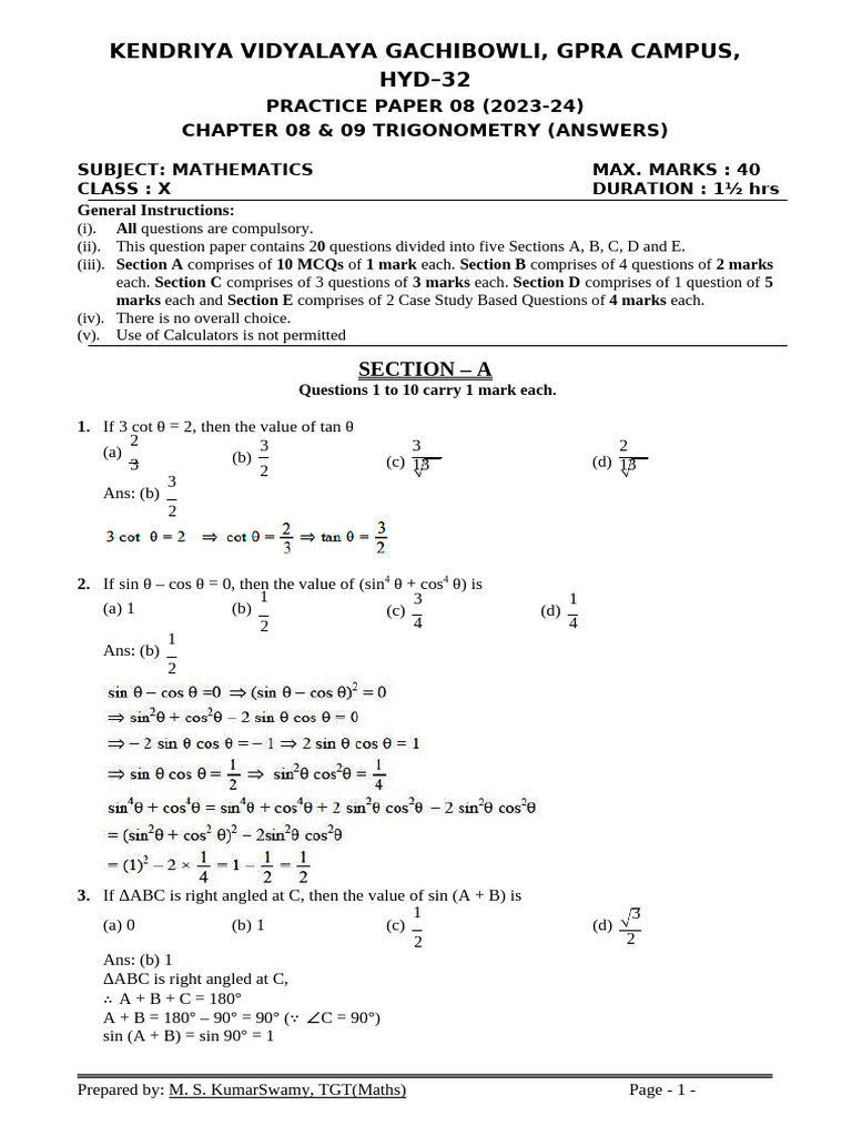 Trigonometry Practice Paper for Class X | PDF | Trigonometry ...