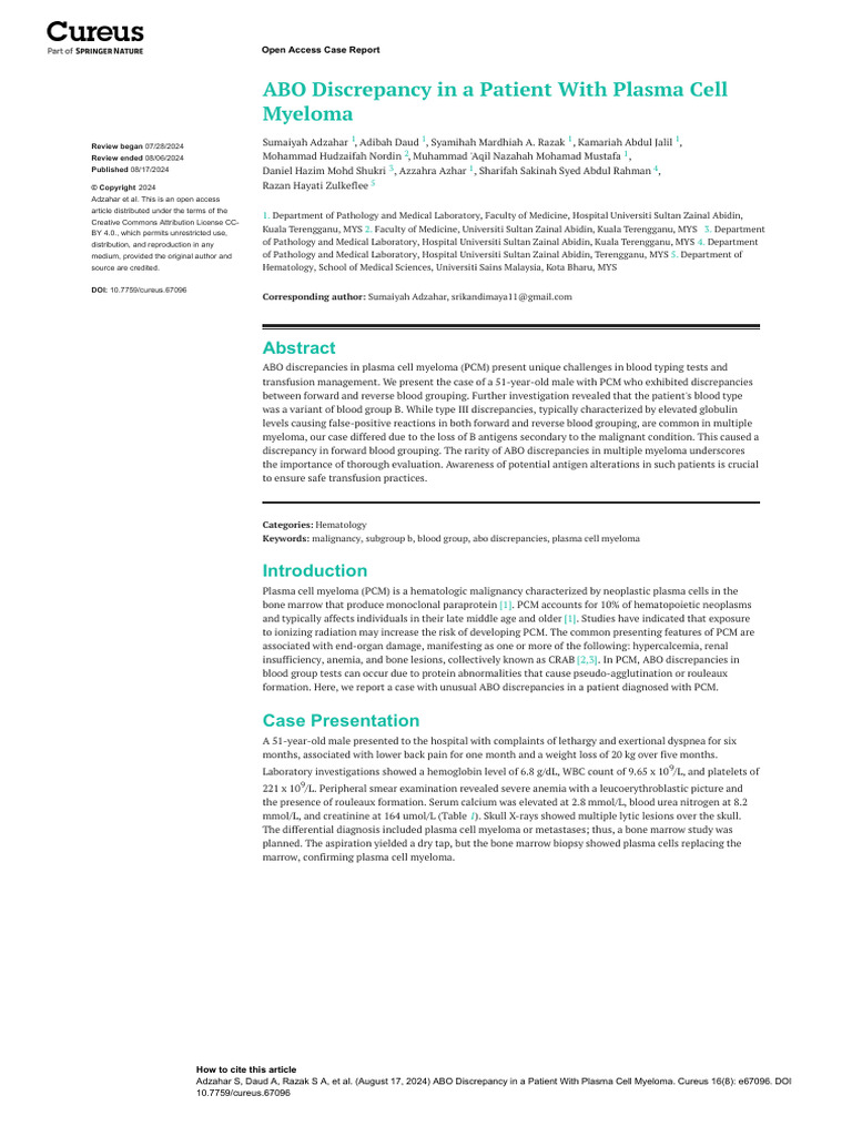 ABO Discrepancy in Plasma Cell Myeloma | PDF | Immunology | Anatomy