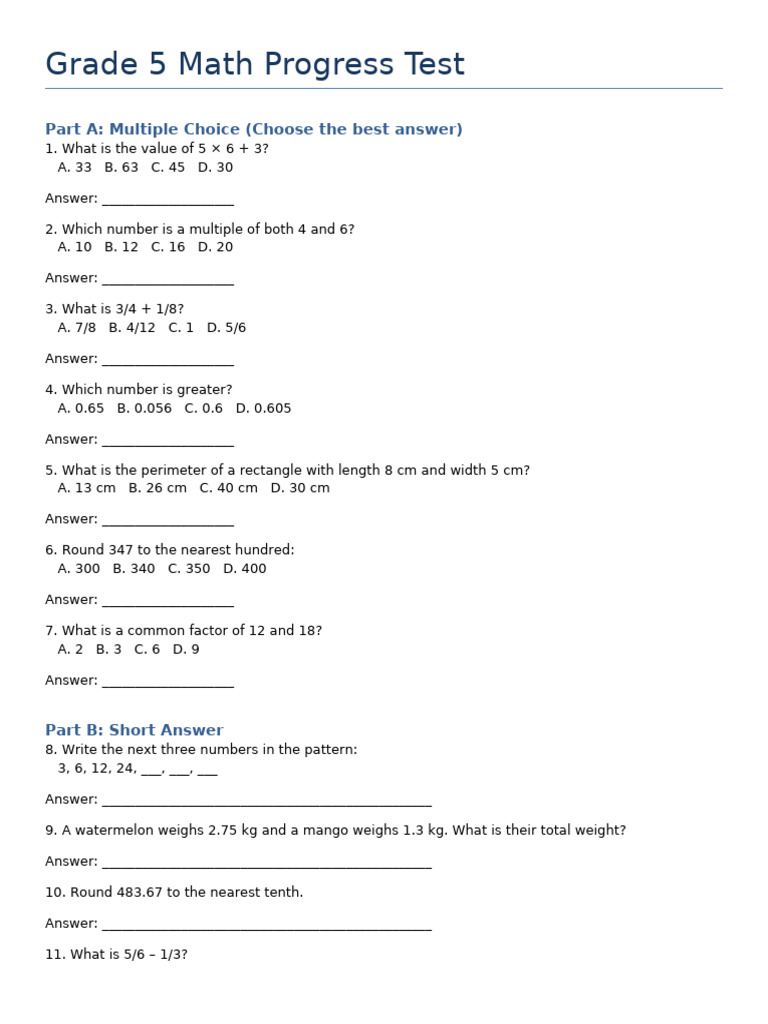 Grade 5 Math Progress Test Answers | PDF