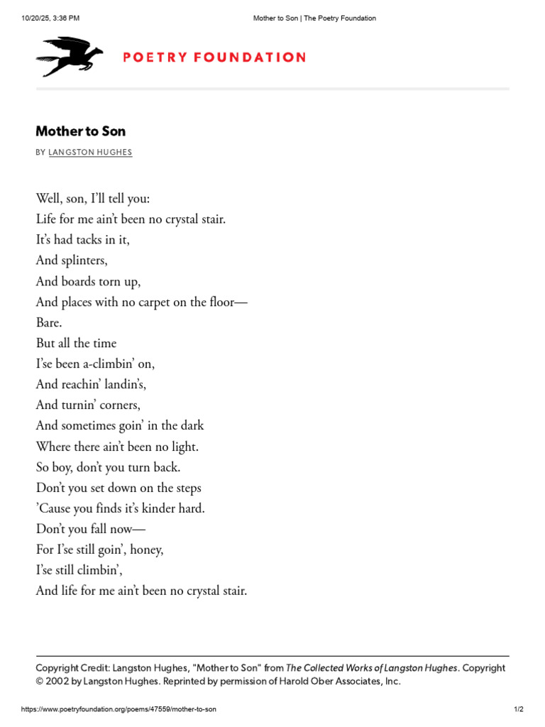 Mother To Son - The Poetry Foundation | PDF