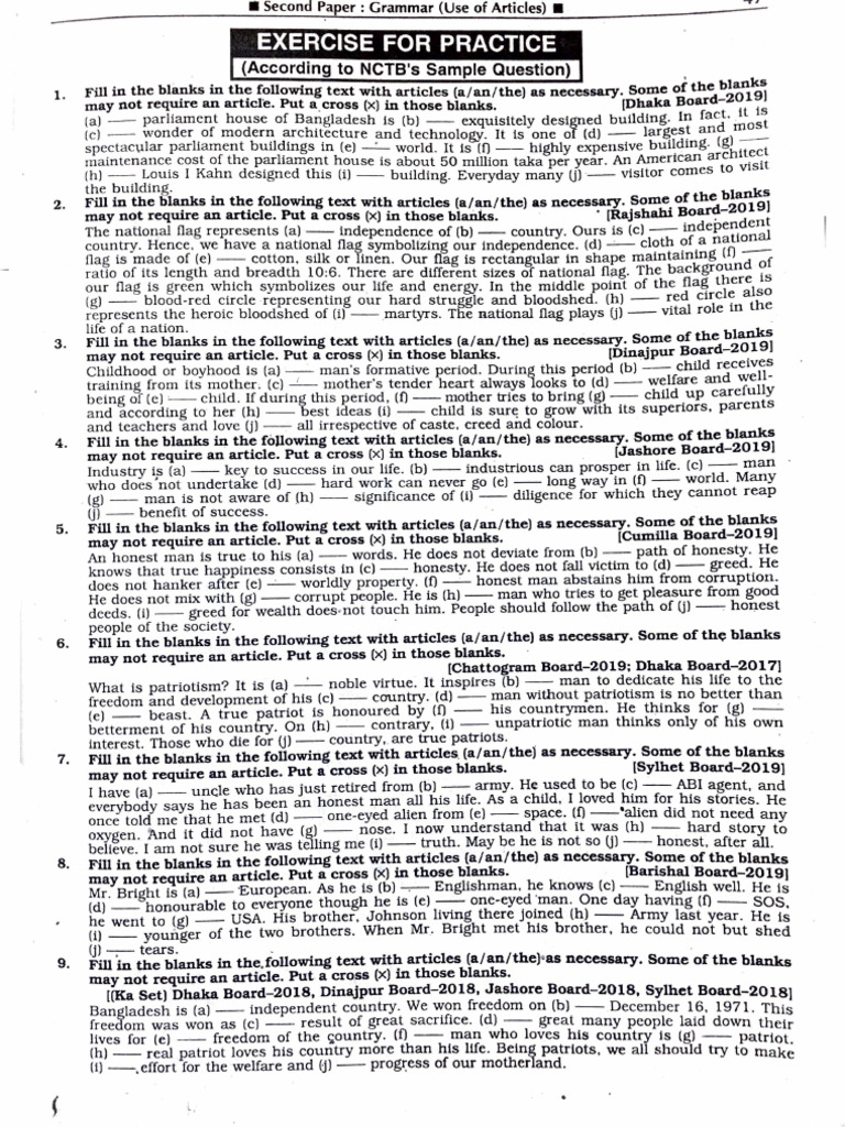 Q-1 - Use of Articles (Exercise) | PDF