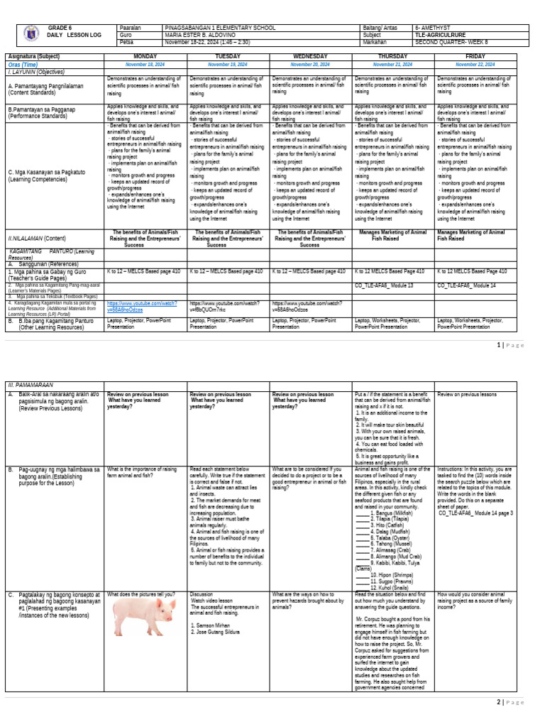 TLE DLL G6 Q2 Week 8 Nov 18-22, 2024 | PDF | Agriculture