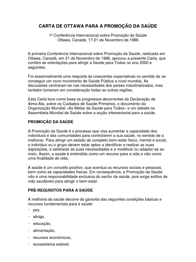 CARTA DE OTTAWA PARA A PROMOÇÃO DA SAÚDE | Promoção de Saúde | Economia ...