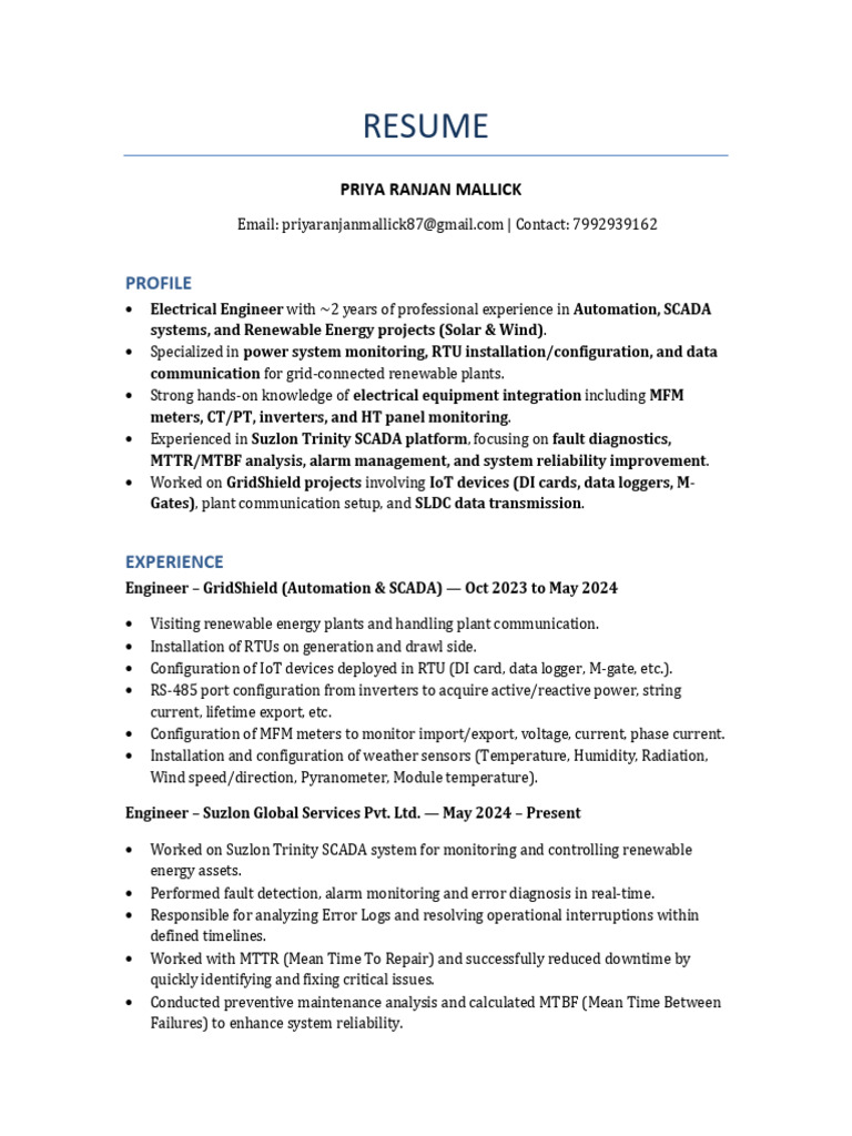Priya Ranjan Mallick Resume (P) | PDF | Reliability Engineering | Scada