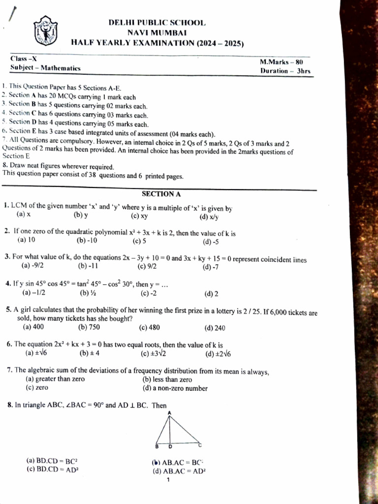 Class X Mathematics Half-Yearly Exam 2024 | PDF | Mathematics | Algebra