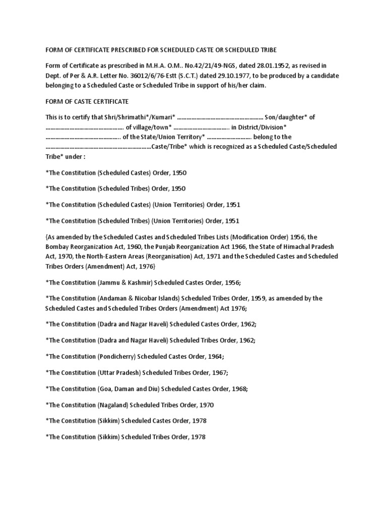 Form of Certificate Prescribed for Scheduled Caste or Scheduled Tribe ...