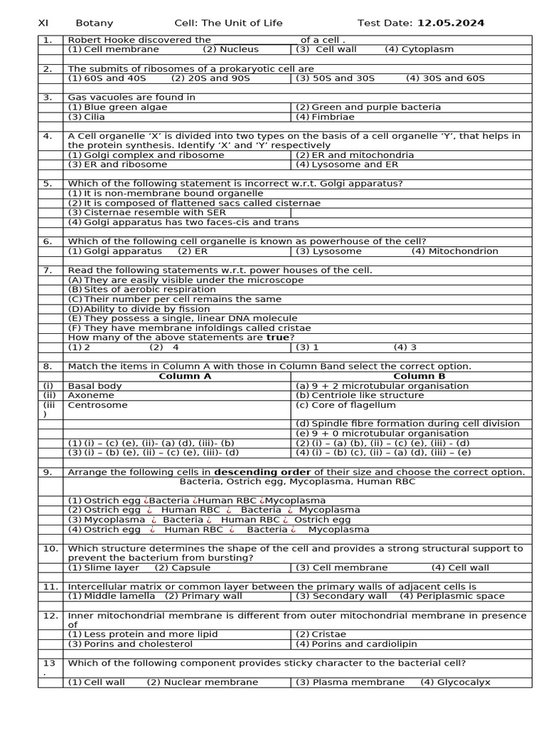 Cell The Unit of Life Test 12 May 24 | PDF | Cell (Biology ...