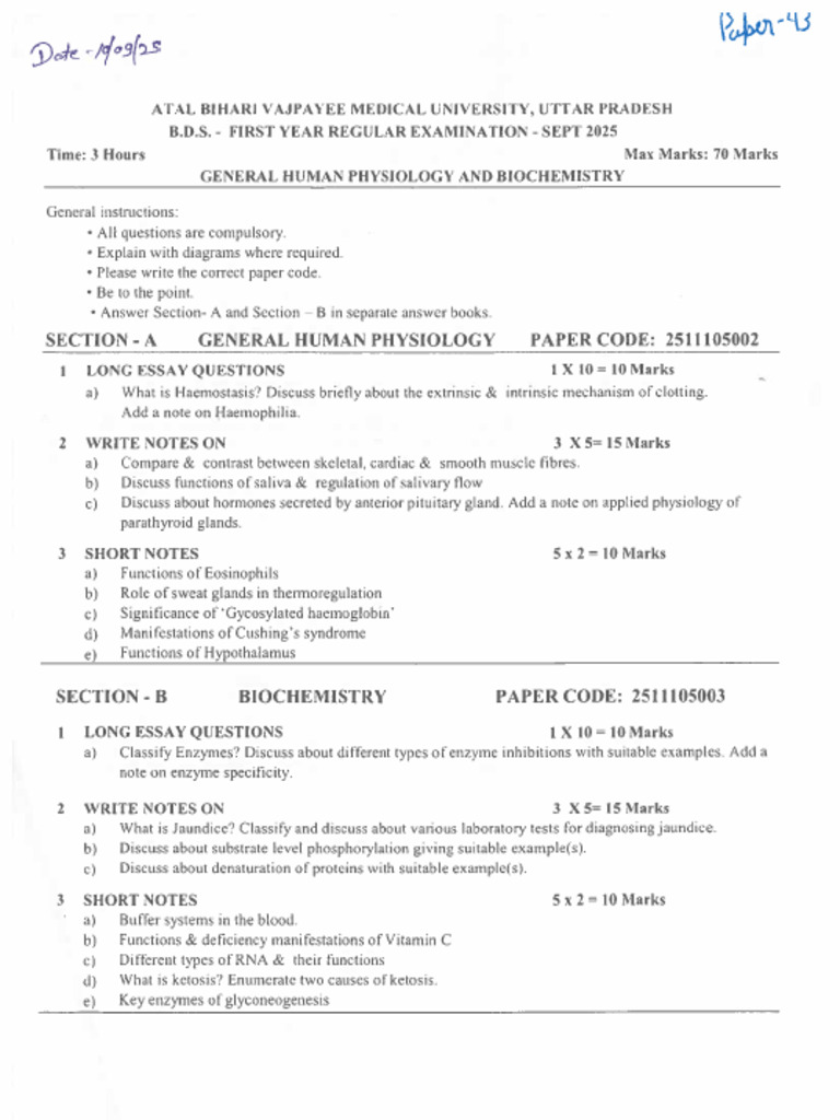 Bds Exam Paper 2024-25 | PDF