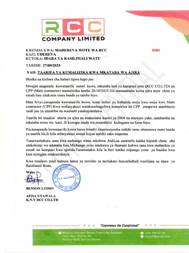 Taarifa Ya Kumaliza Mkataba Kati Ya RCC Na CPP | PDF