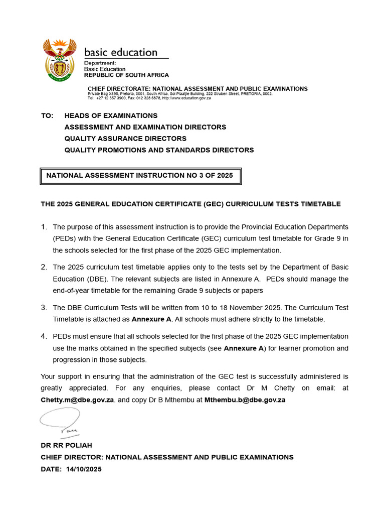GEC Grade 9 Timetable 2025 | PDF | Curriculum