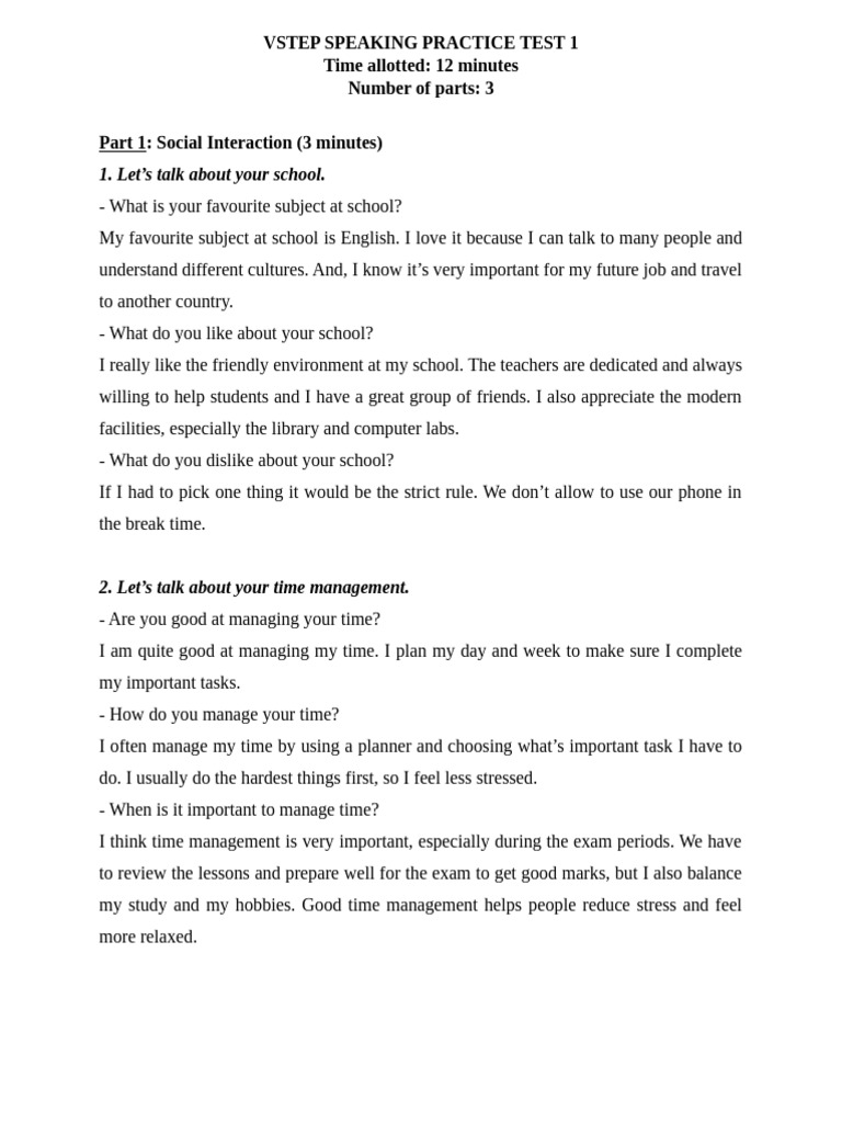 VSTEP Speaking Practice Tests Overview | PDF | Teachers | Time Management