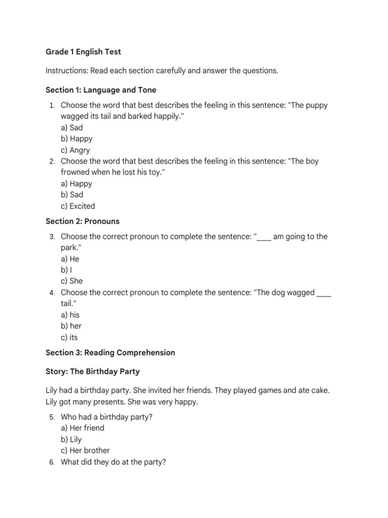 Grade 1 English Language Test Guide | PDF