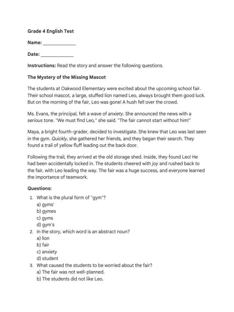 Grade 4 English Test | PDF
