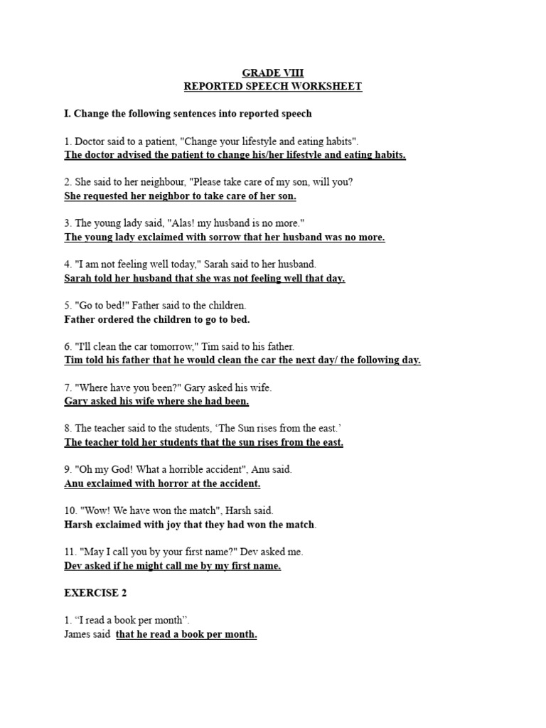 Reported Speech Worksheet for Grade 8 | PDF