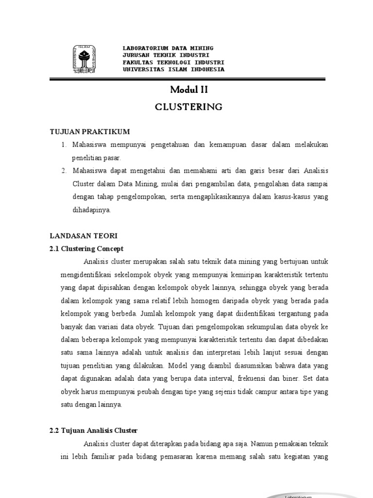 Modul Clustering Data Mining-Modul Clustering | PDF | Metode & Bahan Ajar Modul Clustering Data Mining-Modul Clustering | PDF | Metode & Bahan Ajar