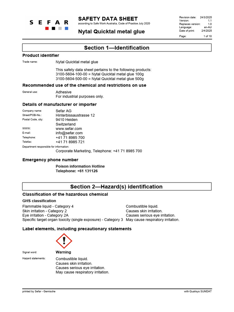 Nytal Quicktal Metal Glue Safety Data Sheet | PDF | Toxicity ...