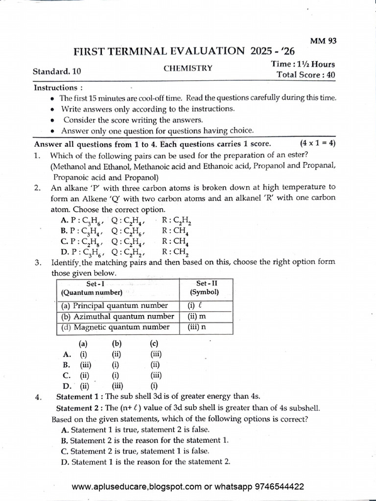 A+ Blog-Sslc-Chemistry-First Term Exam-New Pattern Model Question Paper-Set-2-Em | PDF | Ester ...