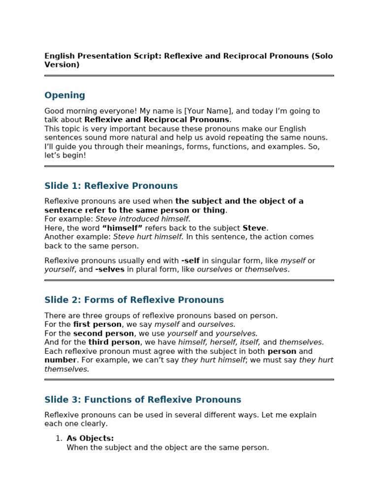 Reflexive Reciprocal Presentation | PDF | Pronoun | Morphology