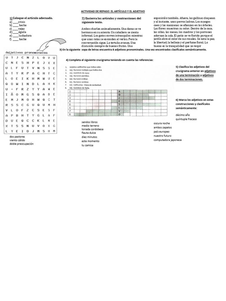Actividad de Repaso Adjetivos Articulos | PDF