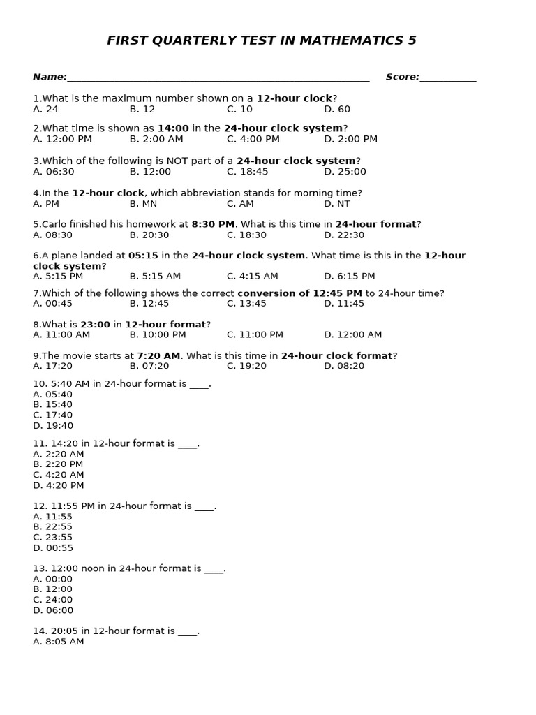 First Quarterly Test in Mathematics 5 | PDF | Geometry | Euclid