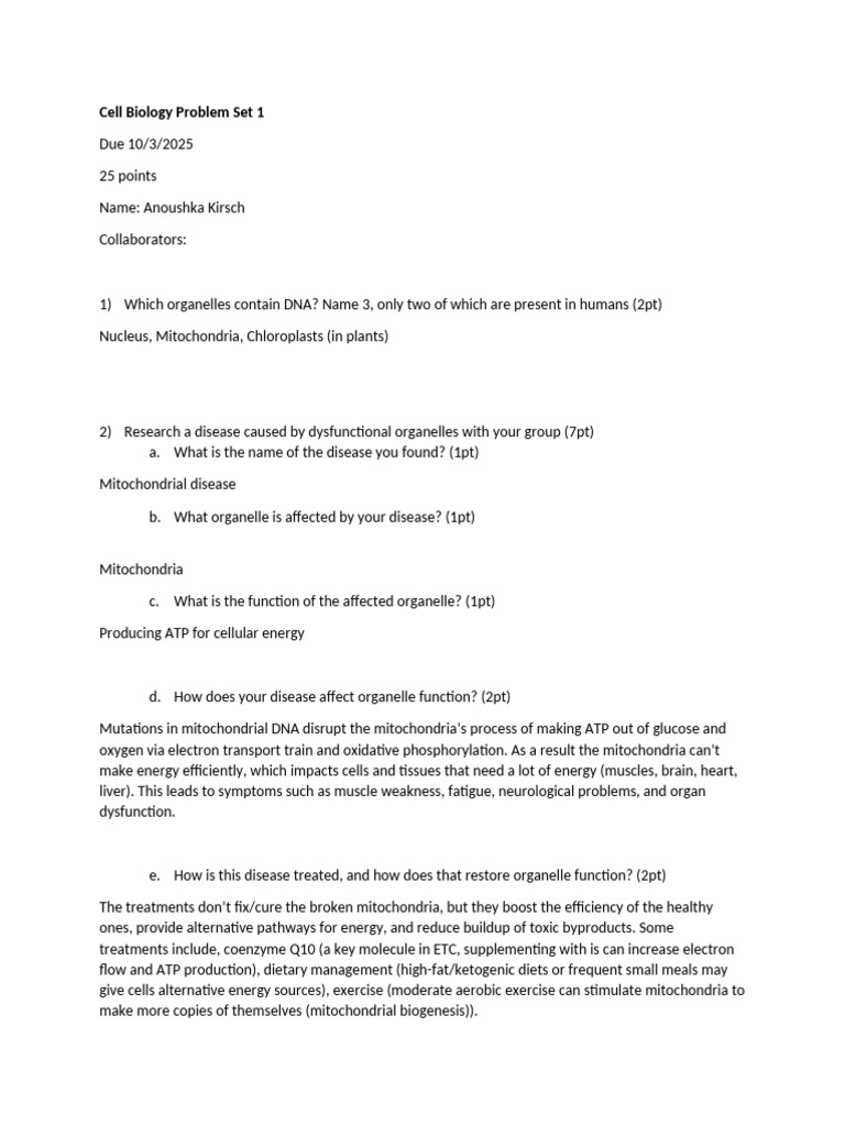 Cell Biology Problem Set 1 | PDF | Mitochondrion | Cell (Biology)