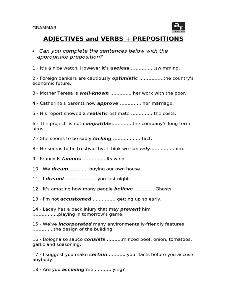 Adjectives and Verbs Plus Prepòsitions | PDF