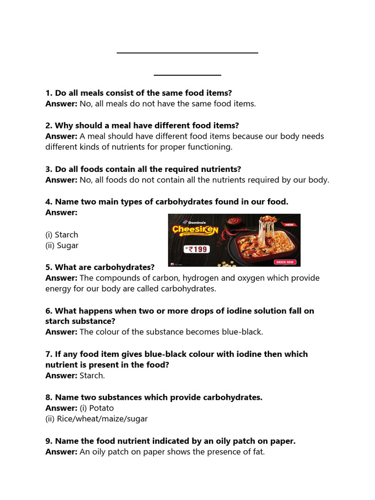 Extra Questions on Food Components | PDF | Foods | Nutrients